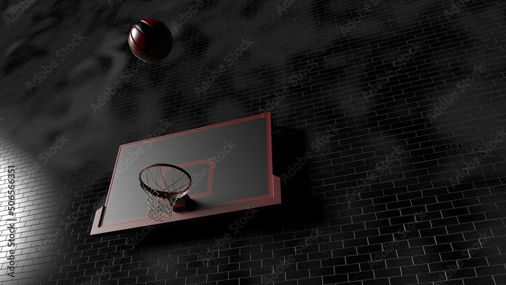 Black-red basketball and basketball plate on black brick block wall ...
