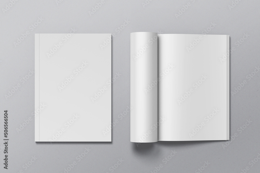 A4 magazine mockup top view, book or catalog on gray table. Blank page ...