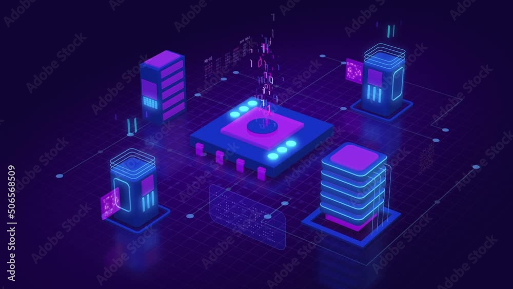 stylized animation, cpu with computer server, concept of data center ...