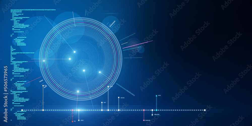 Futuristic blue HUD interface with glowing programming code on blurry ...