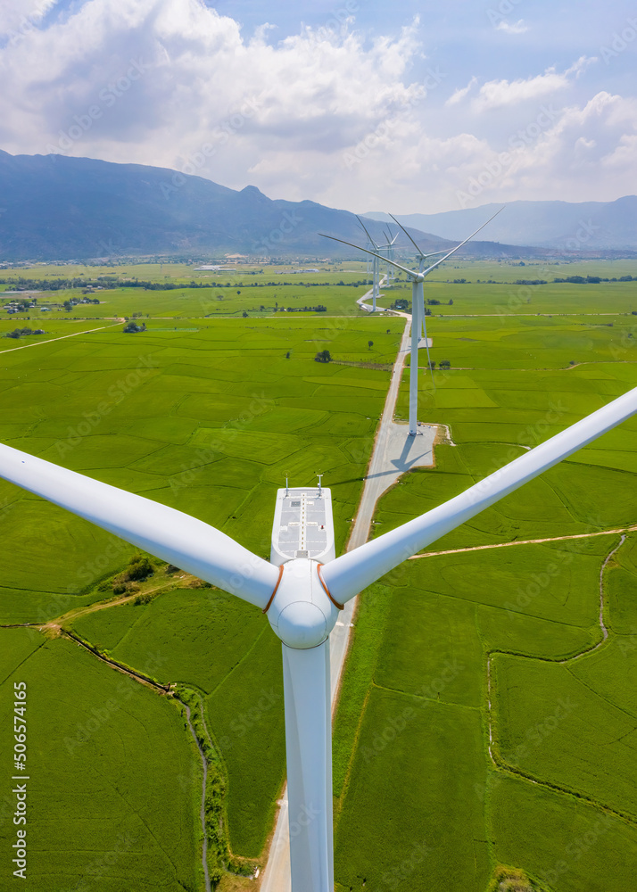 PANORAMIC VIEW OF WIND FARM OR WIND PARK, WITH HIGH WIND TURBINES FOR ...