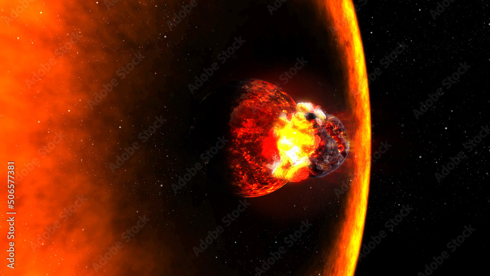 3d rendering, Dying planet hitting earth causing Apocalypse, outer ...