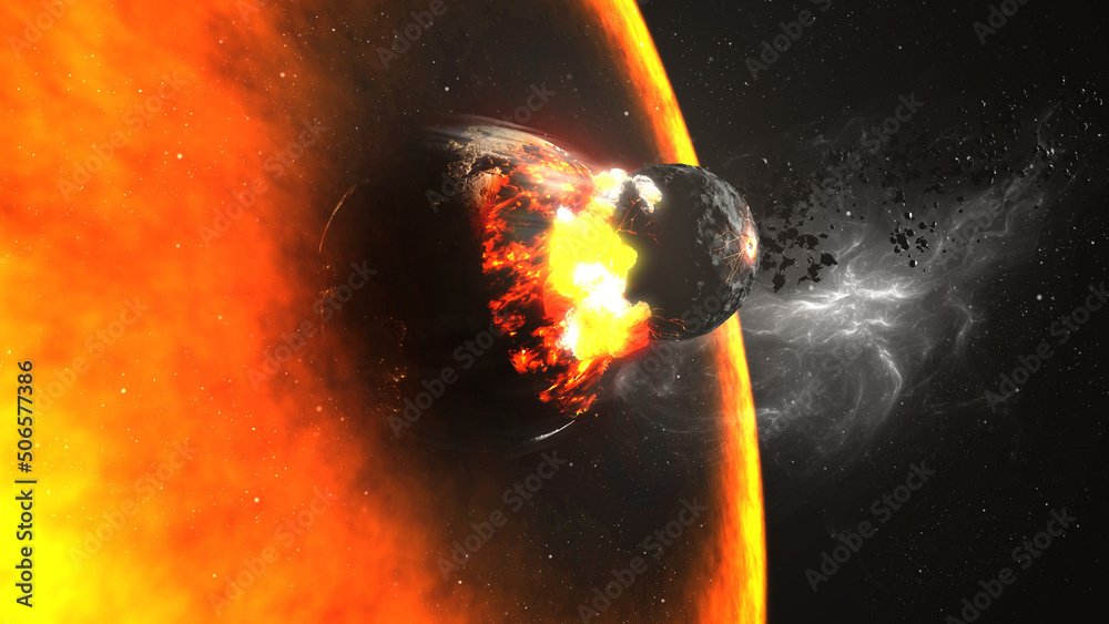 3d rendering, Dying planet hitting earth causing Apocalypse, outer ...