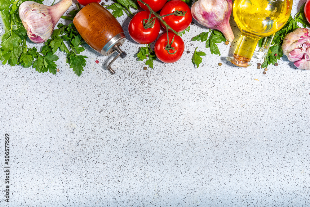Cooking ingredients background. Spices, black pepper, garlic, onion ...