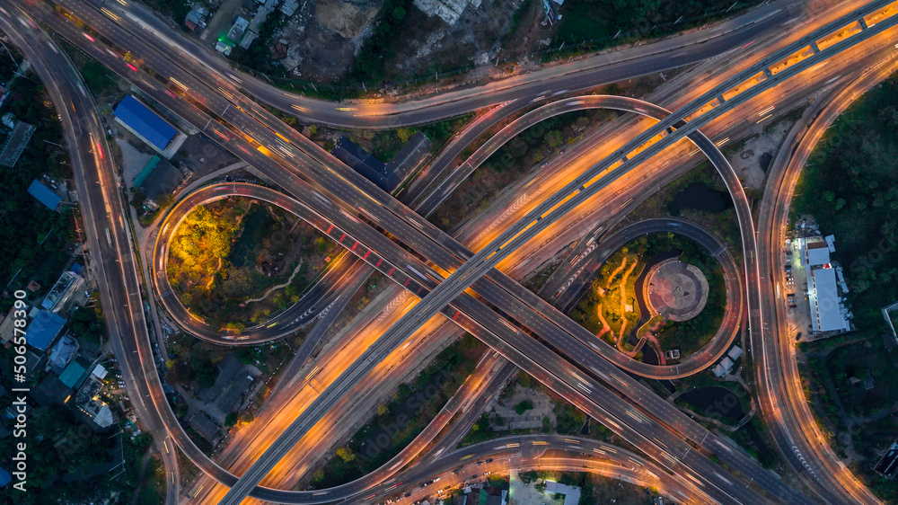 Aerial top view road traffic interchange in city, Aerial view of ...