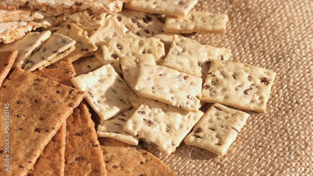 Stockvideon Different types of crispbread on the fiber.Beautifully laid ...