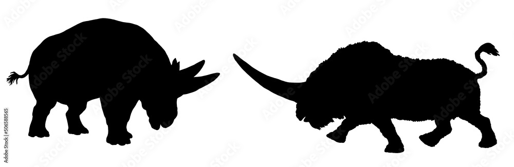 Prehistoric rhinos - elasmotherium and arsinoitherium. Drawing with ...