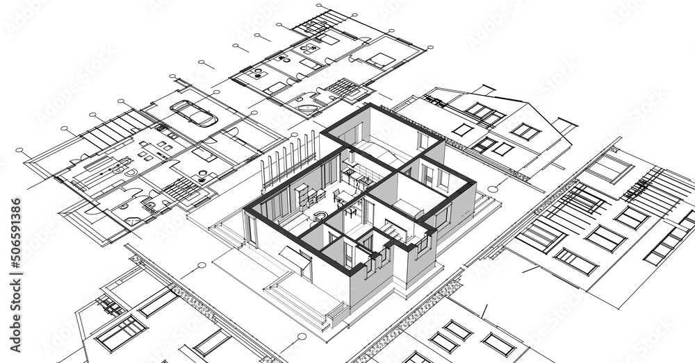 house architectural sketch plan 3d rendering Stock Illustration | Adobe ...