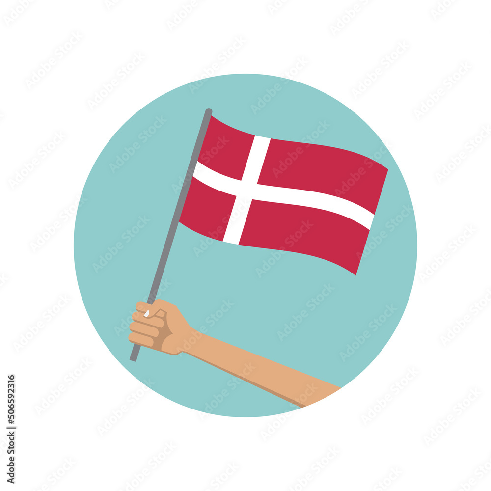 Denmark waving flag circle icon. Hand holding Danish flag. National ...