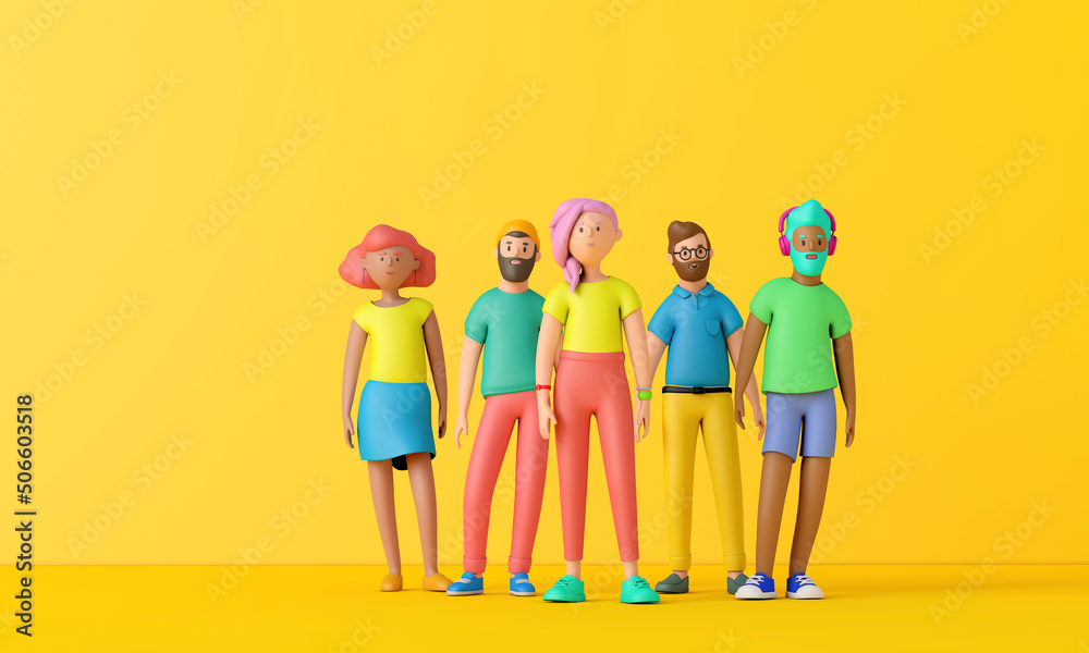 Group of diverse people standing together. 3D cartoon character style ...