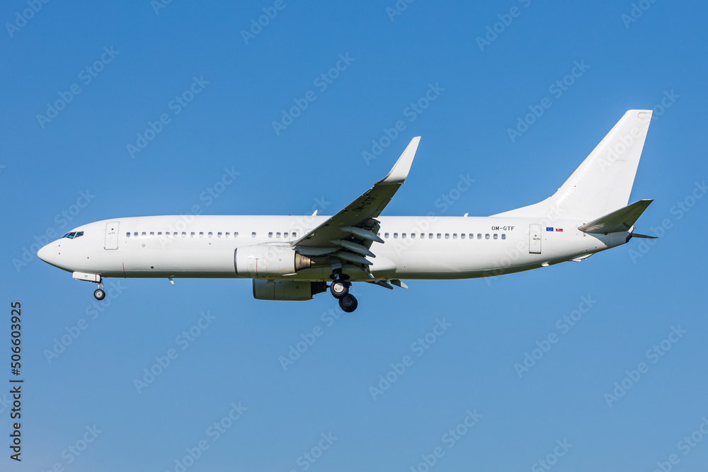Full white neutralized airliner Boeing 737-800 of slovakian Carrier Air ...