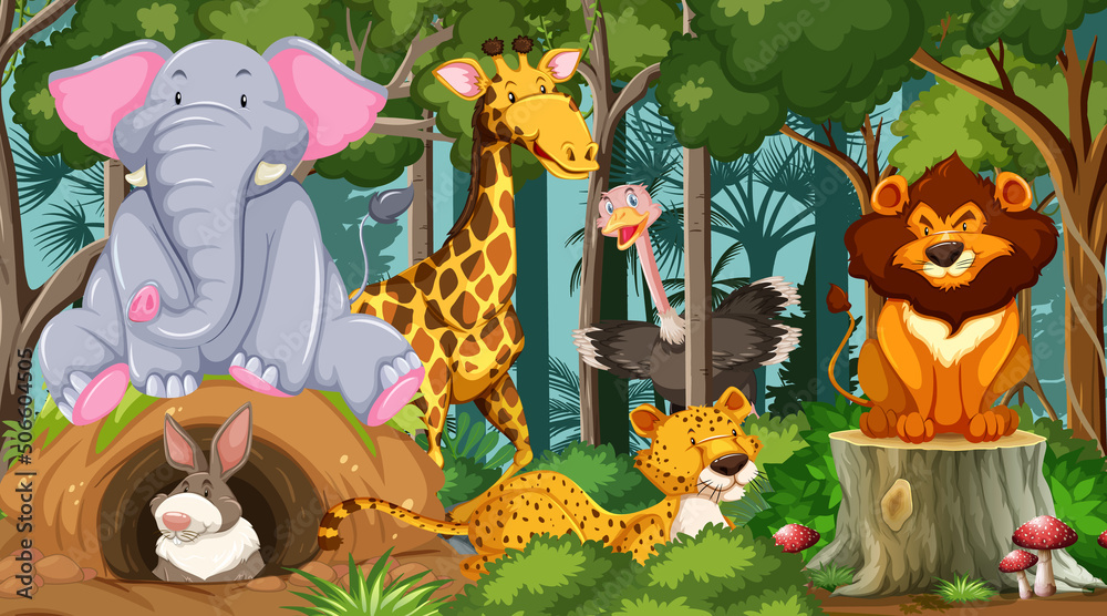 Cartoon wild animals in the forest Stock Vector | Adobe Stock