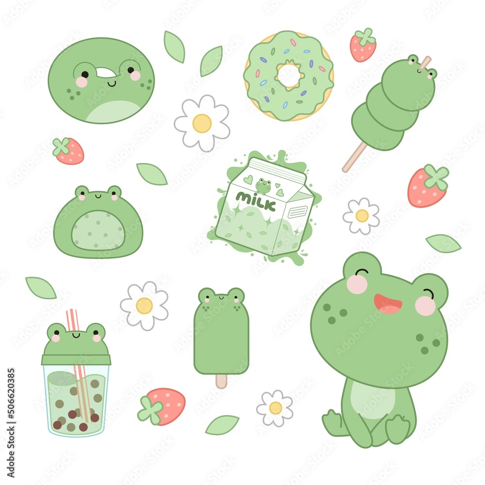 Frog set. Cute frog in kawaii style and different desserts and drinks ...