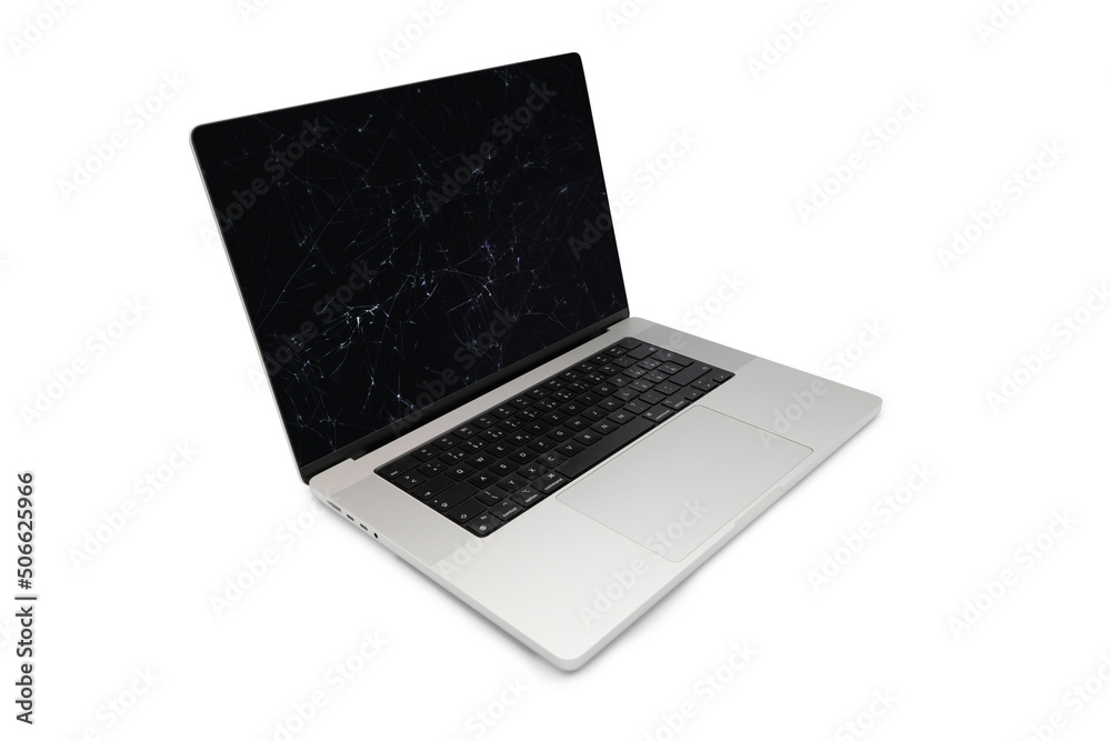 Broken LCD display on laptop computer. Isolated white background. Stock ...