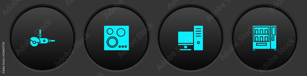 Set Angle grinder, Gas stove, Computer monitor and Vending machine icon ...