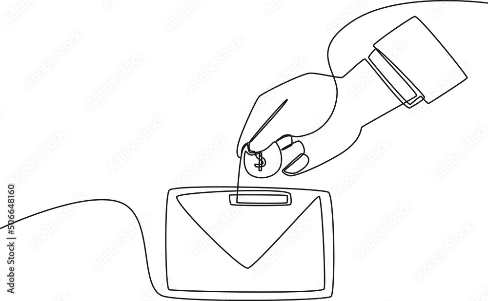 Continuous one line drawing hand putting money coin into envelope for ...