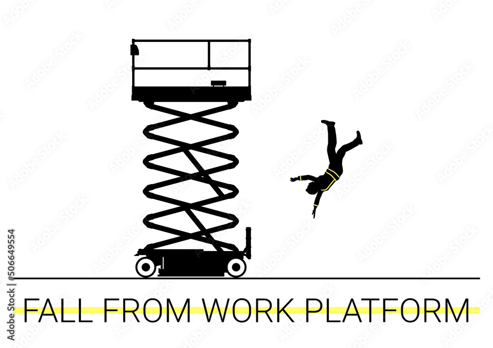 Fall from work platform hazard. Scissor lift safety concept. Vector ...