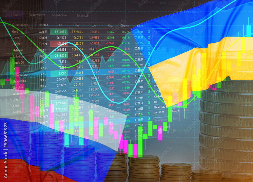 Multiple exposure of Ukrainian, Russian flags, coins and digital stock ...