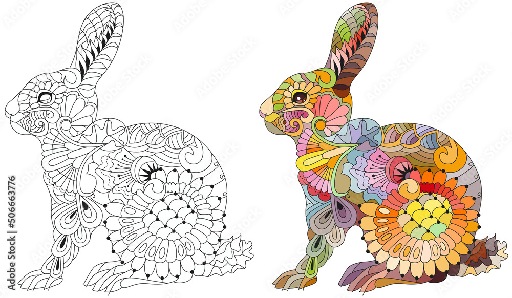 Spring rabbit coloring page for adult and children. Color and outline ...