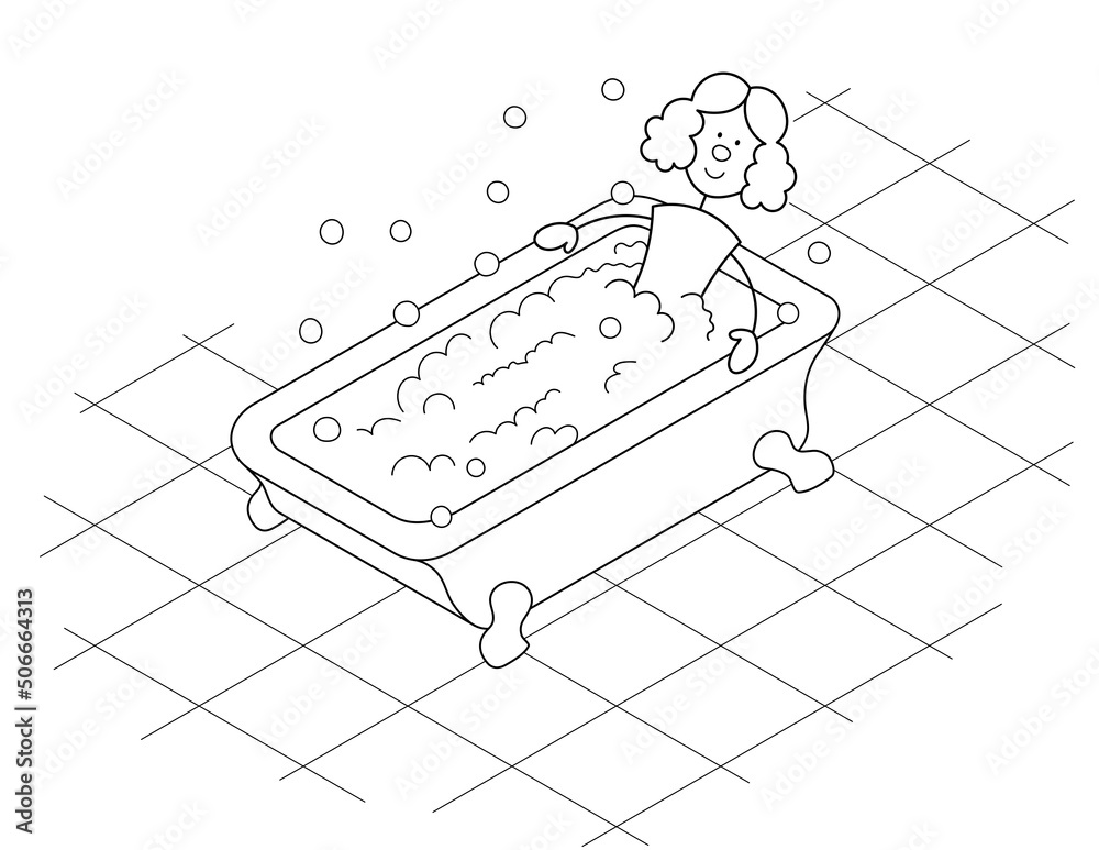 beauty day for a lady, cartoon stick figure taking a relaxing bath in a ...