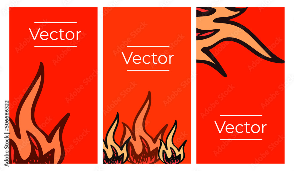 Fire flame sketch set of vector illustrations. Forest fires, hot summer ...