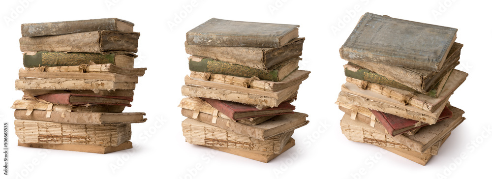 pile of old torn books, discolored and ruined pages, isolated on white ...