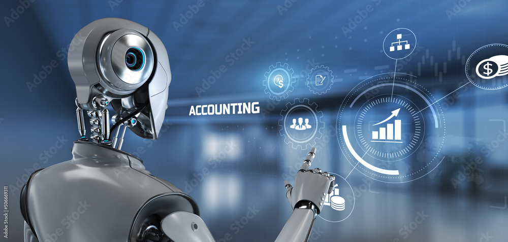 Accounting business process automation RPA concept. Robot pressing ...