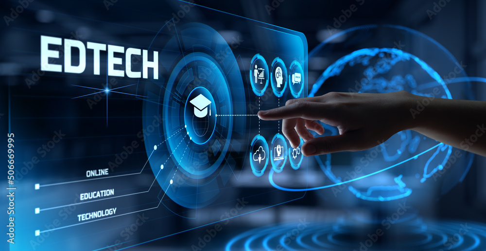 EdTech Education technology E-learning. Hand pressing button on screen ...
