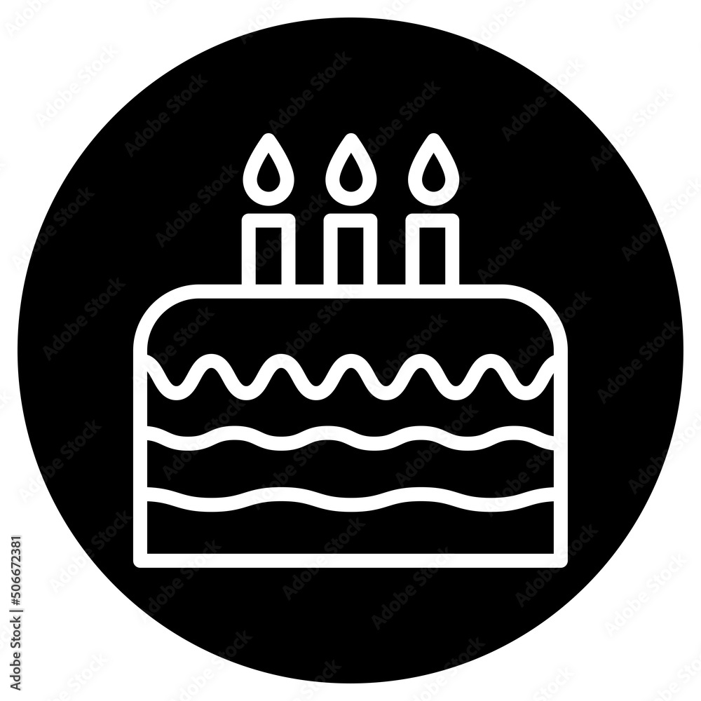 Cake, birthday simple icon vector. Flat design. White icon on black circle. White background.ai ...