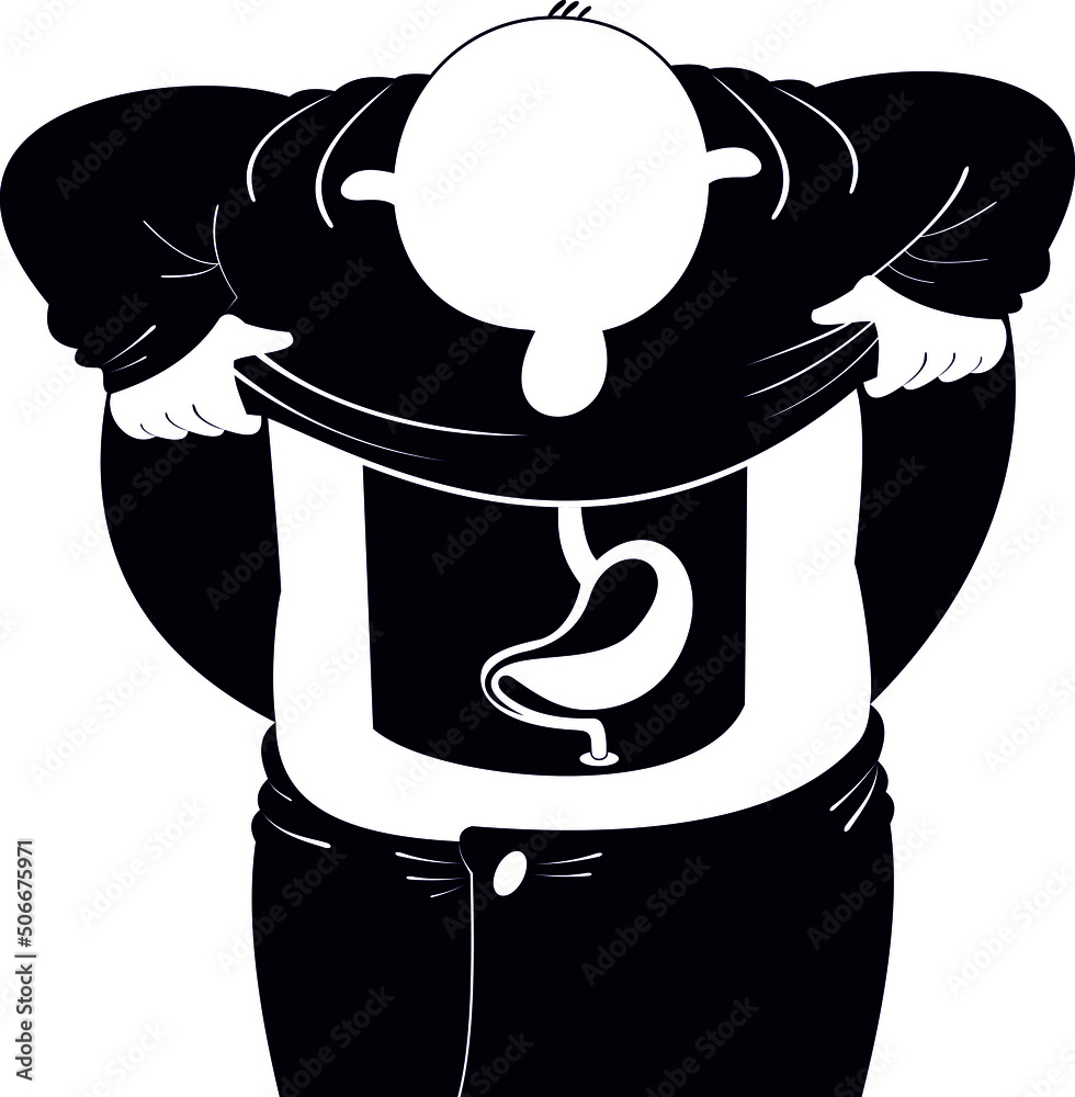 Digestion system concept. Cartoon man looking inside his stomach. Black ...