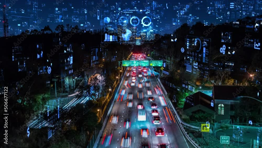 Holographic Icons and Charts over Time-lapse High View of I 110 Highway ...