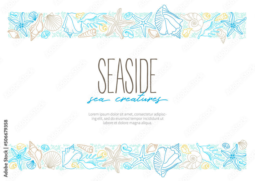 Vector frame, border of line art tropical sea elements, seashells ...