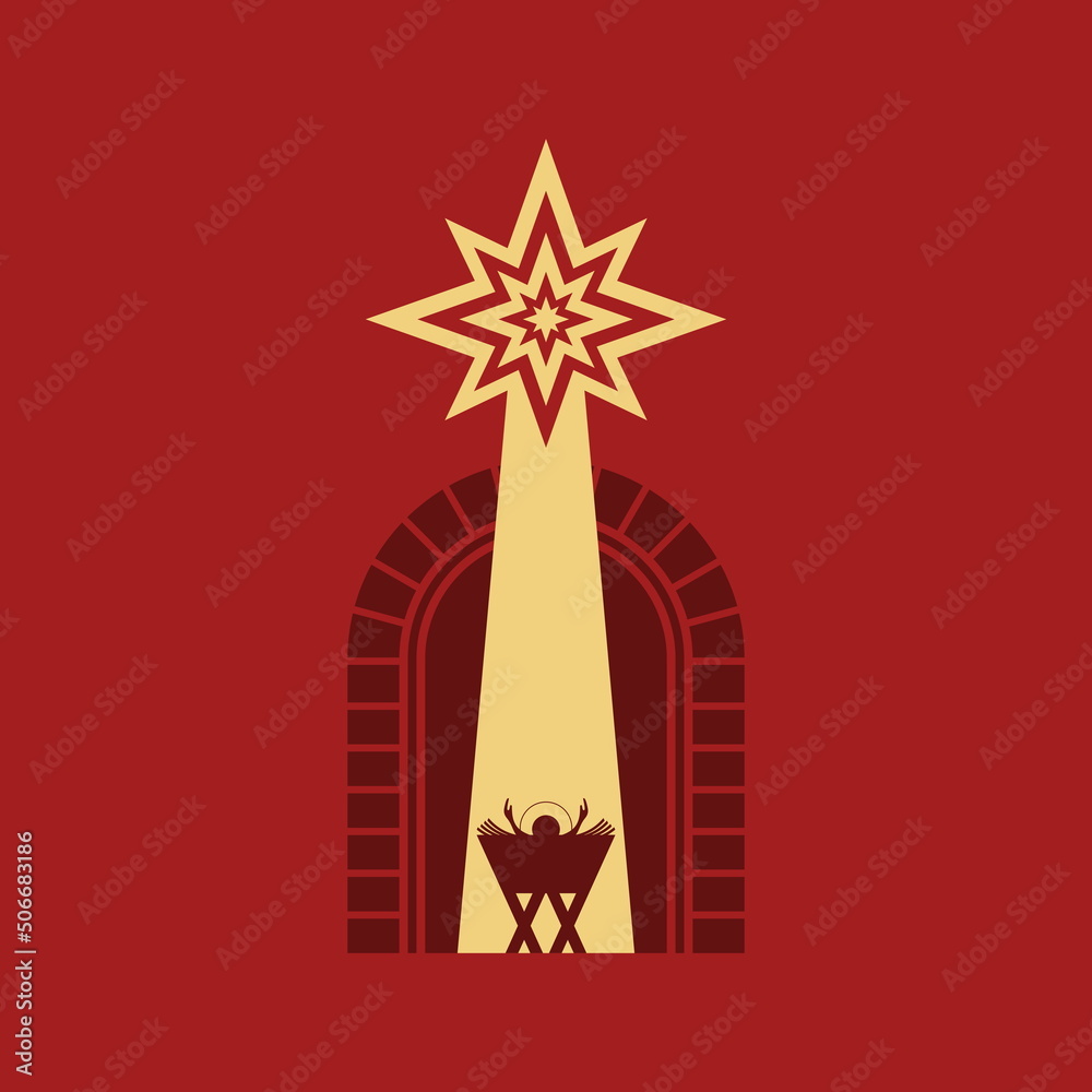 Christian illustration. Baby Jesus in the barn, from above the light of ...