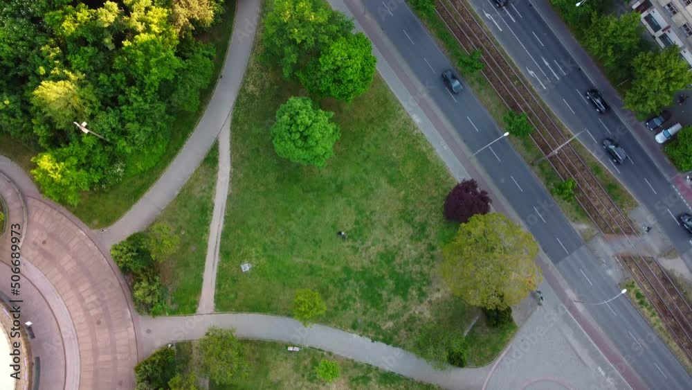 A green Flixbus on the road To Center Dramatic aerial view flight ...