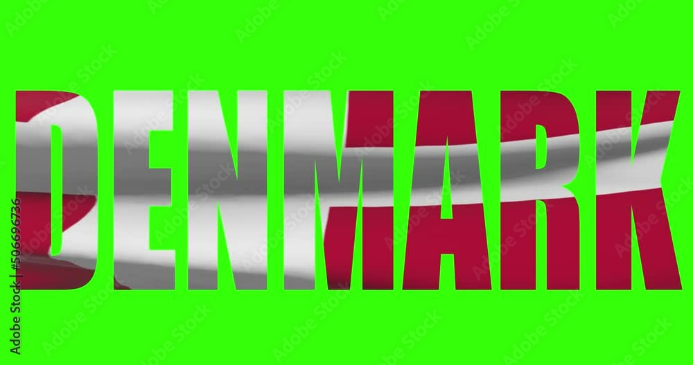Denmark country lettering word text with flag waving animation on green ...