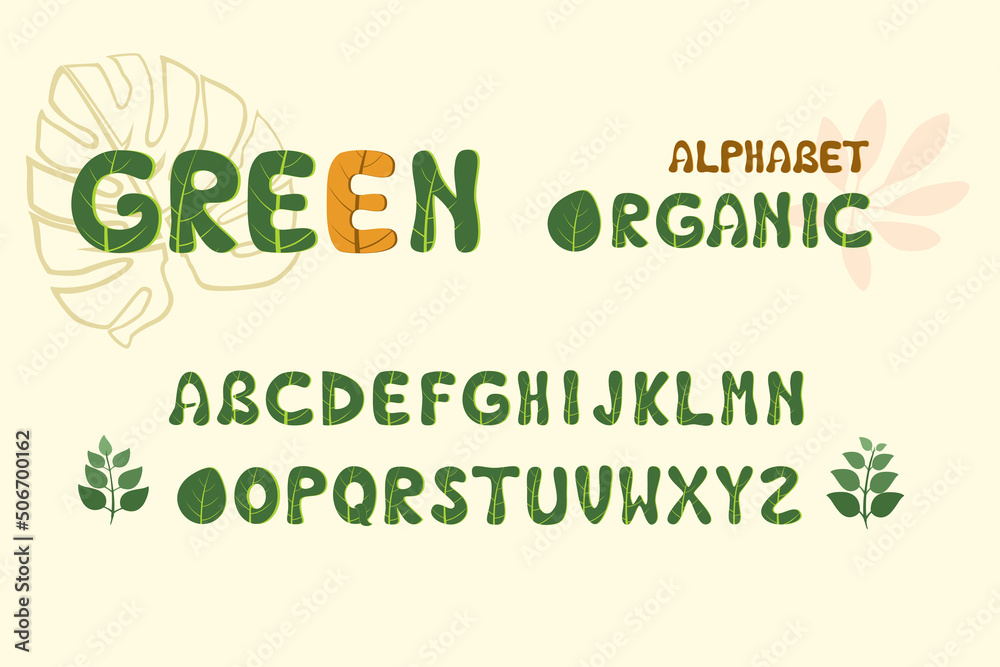 Green leaf alphabet hand drawn capital letters , natural organic bio ...