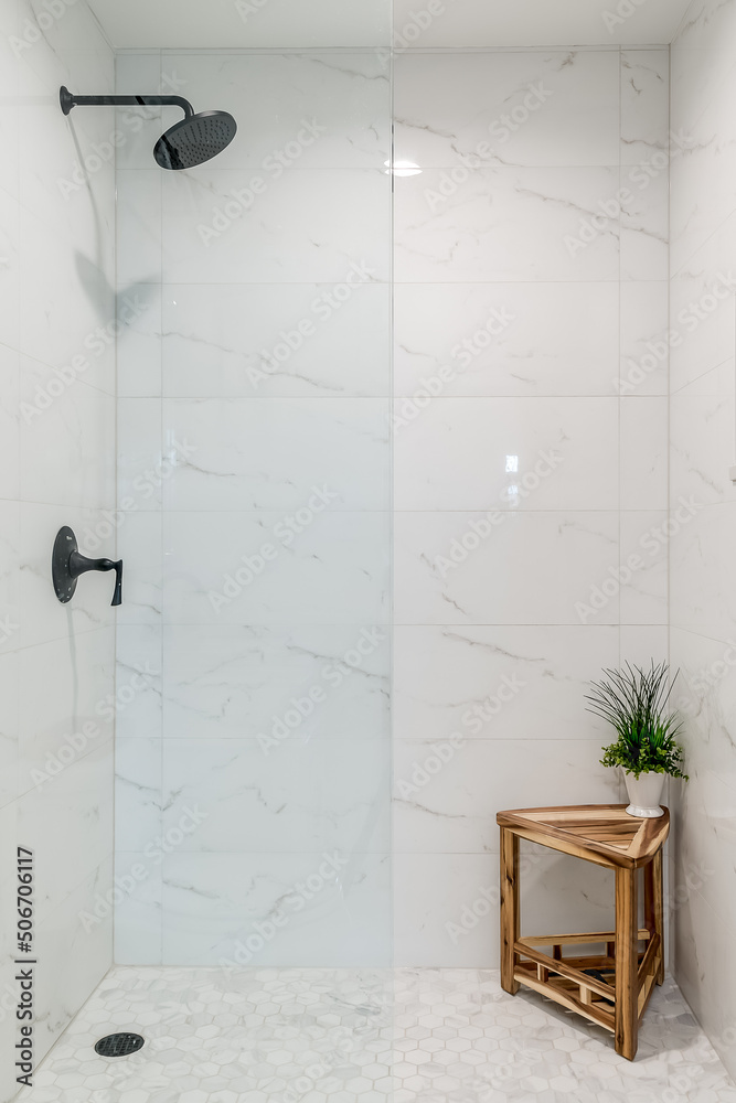 Modern Spa Shower Lifestyle Image. White and gray marble tile shower ...