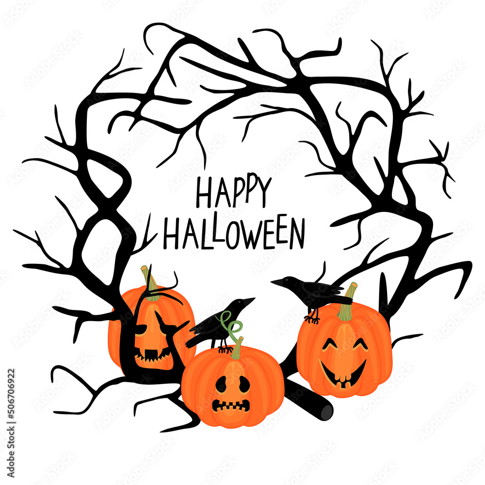 Frame from tree branches, Halloween pumpkins with cut out faces and ...