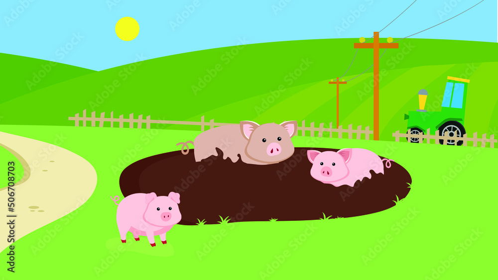 Three little pigs in a puddle of mud Stock Vector | Adobe Stock