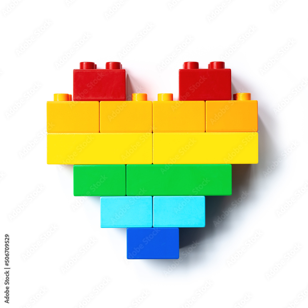 Rainbow color heart from Lego blocks isolated on white background, top ...