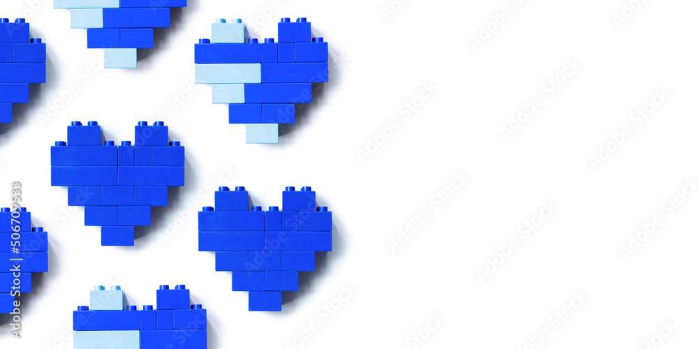 Blue hearts from Lego blocks isolated on white background, geometric ...