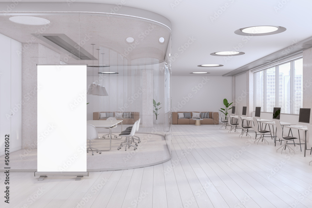 Blank white poster on light wooden floor in front of stylish glass wall ...