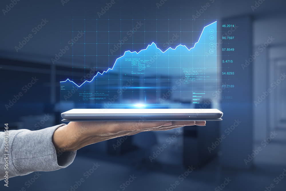 Stock market growth concept with digital screen with financial raising ...