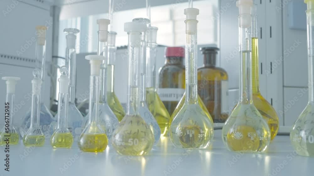 Laboratory test tubes for analysis. Action. Laboratory flasks and test ...