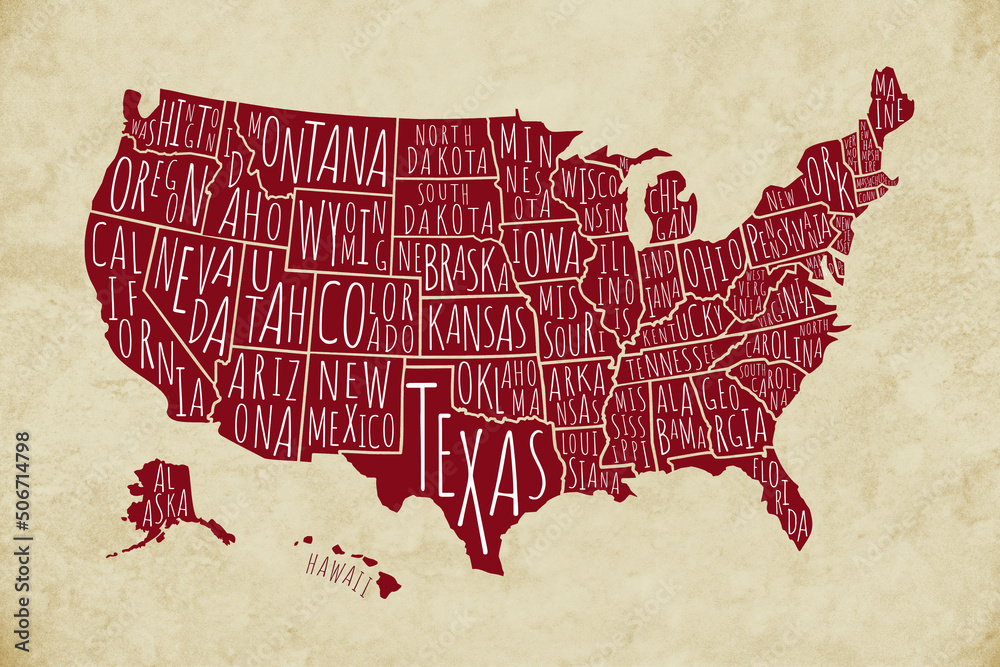 Red USA map with borders of the states and names on paper background ...