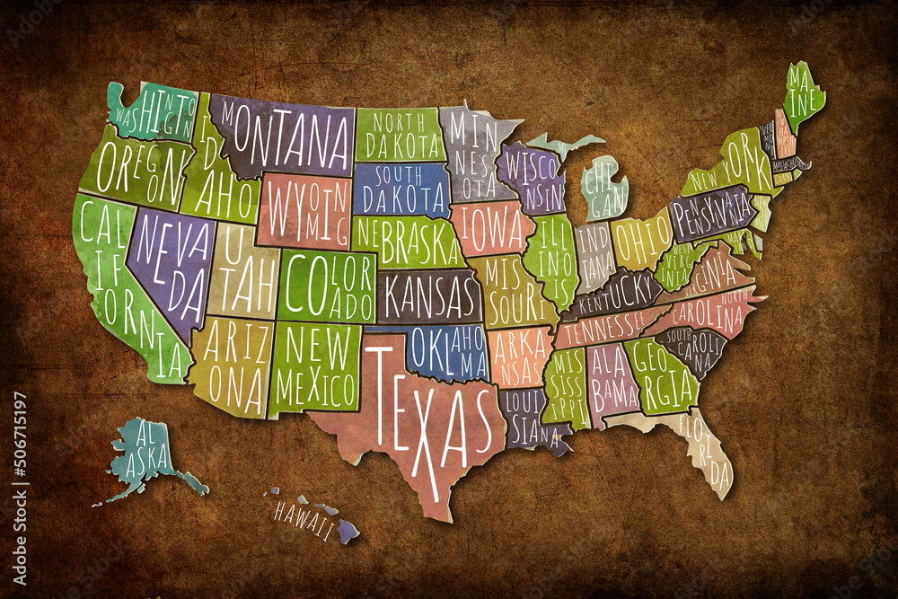 Multicolored watercolor USA map with borders of the states and names on ...