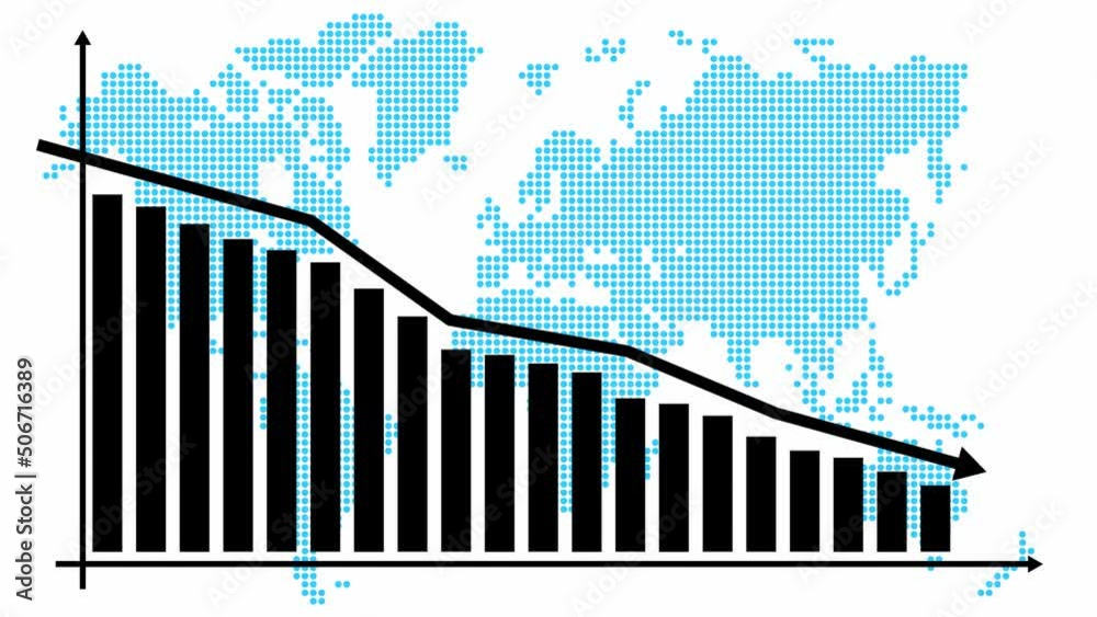 Animated blue chart of financial decline with a trend line chart ...