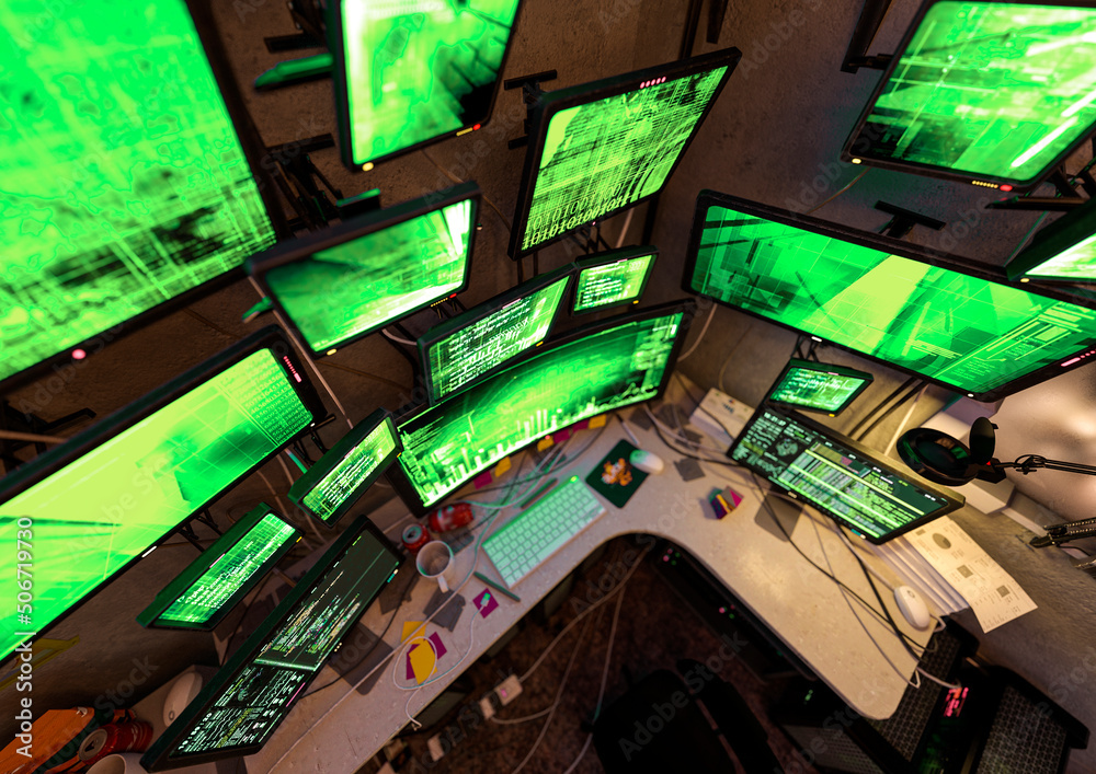 close up on workstation in the hacker room background bird eye view ...