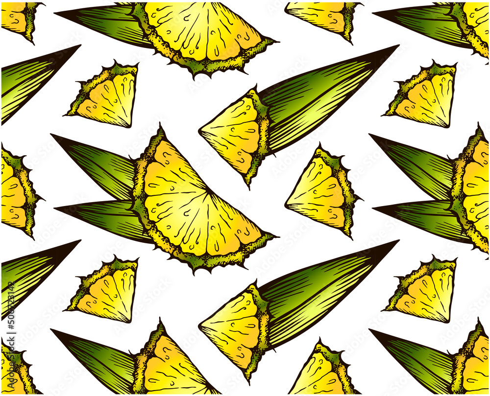 Sketch drawing tropical pattern of yellow pineapple sliced and green ...
