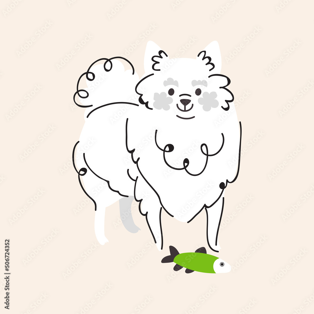 Cute Japanese Spitz with toy. Isolated on beige background. Vector flat ...